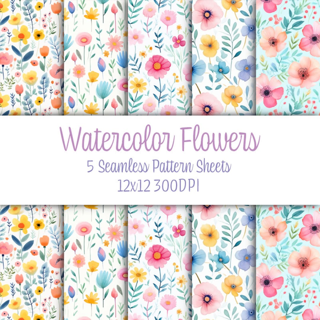 Watercolor Flowers Digital Paper Seamless Patterns for Scrapbooking ...