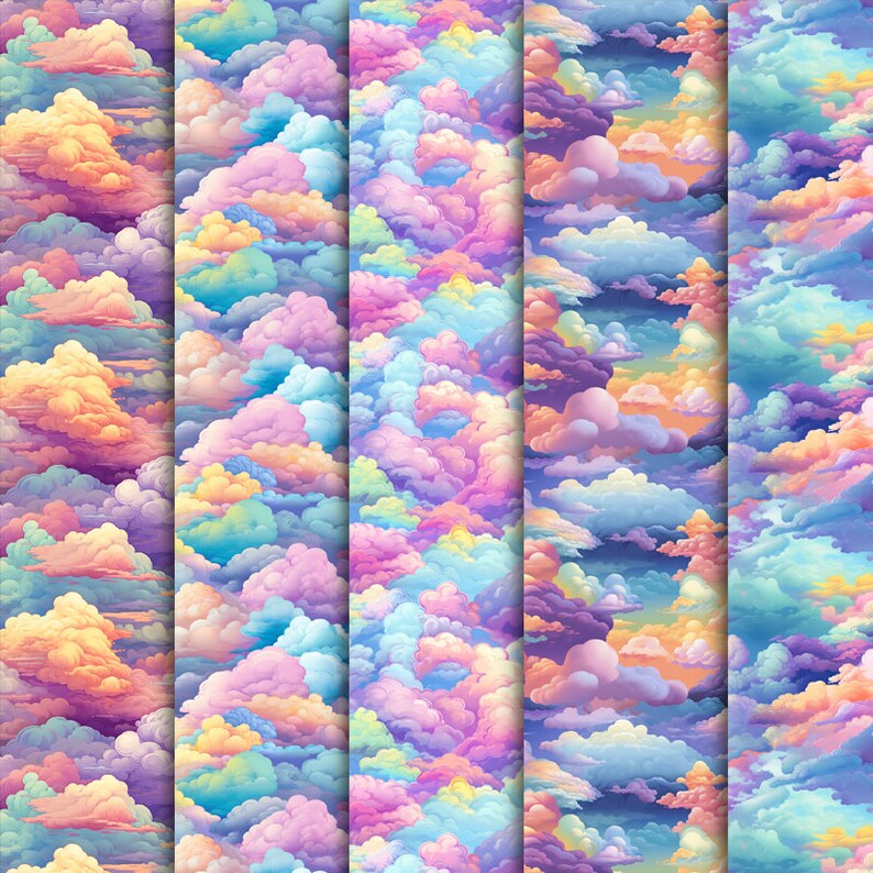 Rainbow Clouds Digital Paper Seamless Patterns for Scrapbooking, Fabric ...