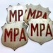 MPA Monogram Shield Plaque Sign: Rustic Industrial Red Letters on ...