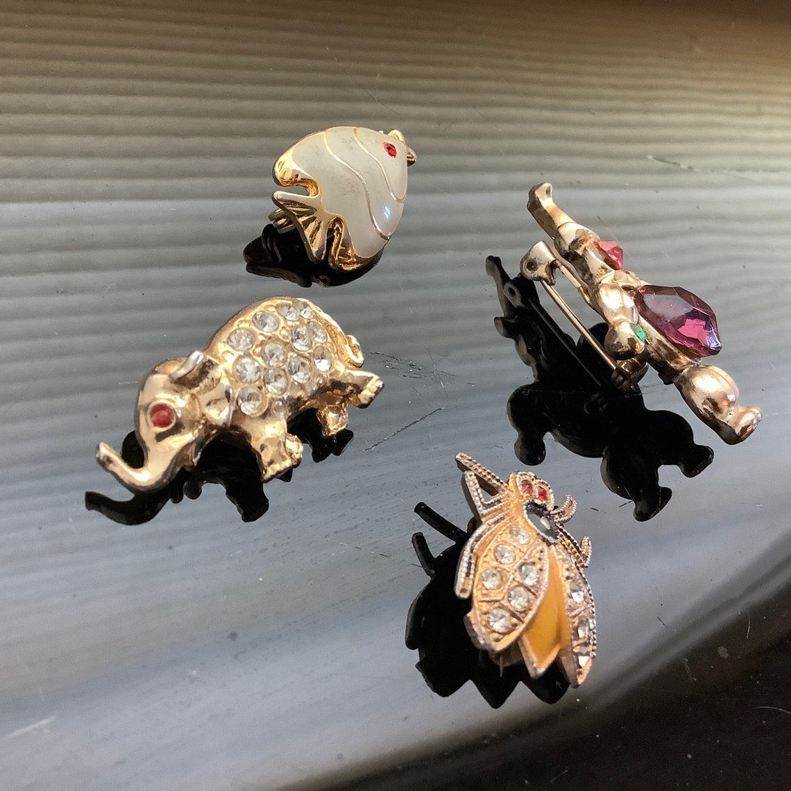 Lot of 4 Vintage Scatter Pins Rhinestone Elephant Scarab Fish - Etsy
