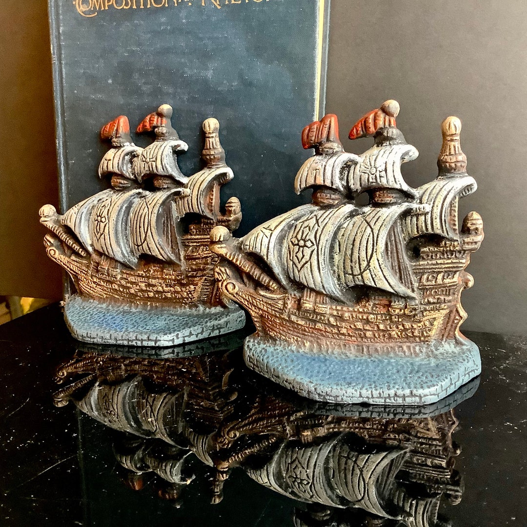 Cast Iron Sailing Ship Bookends, Colorful Set of 2 Antique 1920s ...