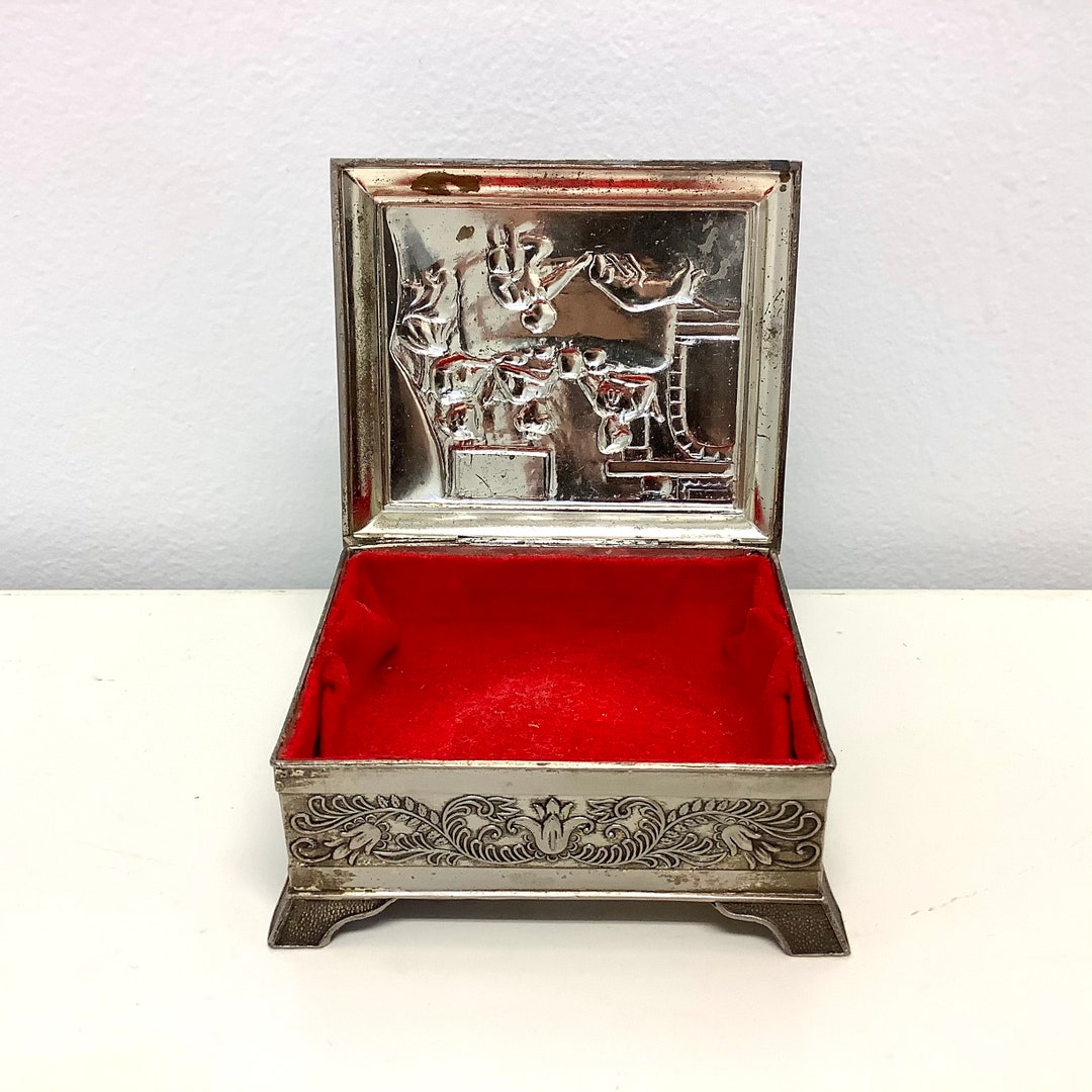 Like New Repousse Jewelry Box, Red Velvet Lining, Silver White Metal ...