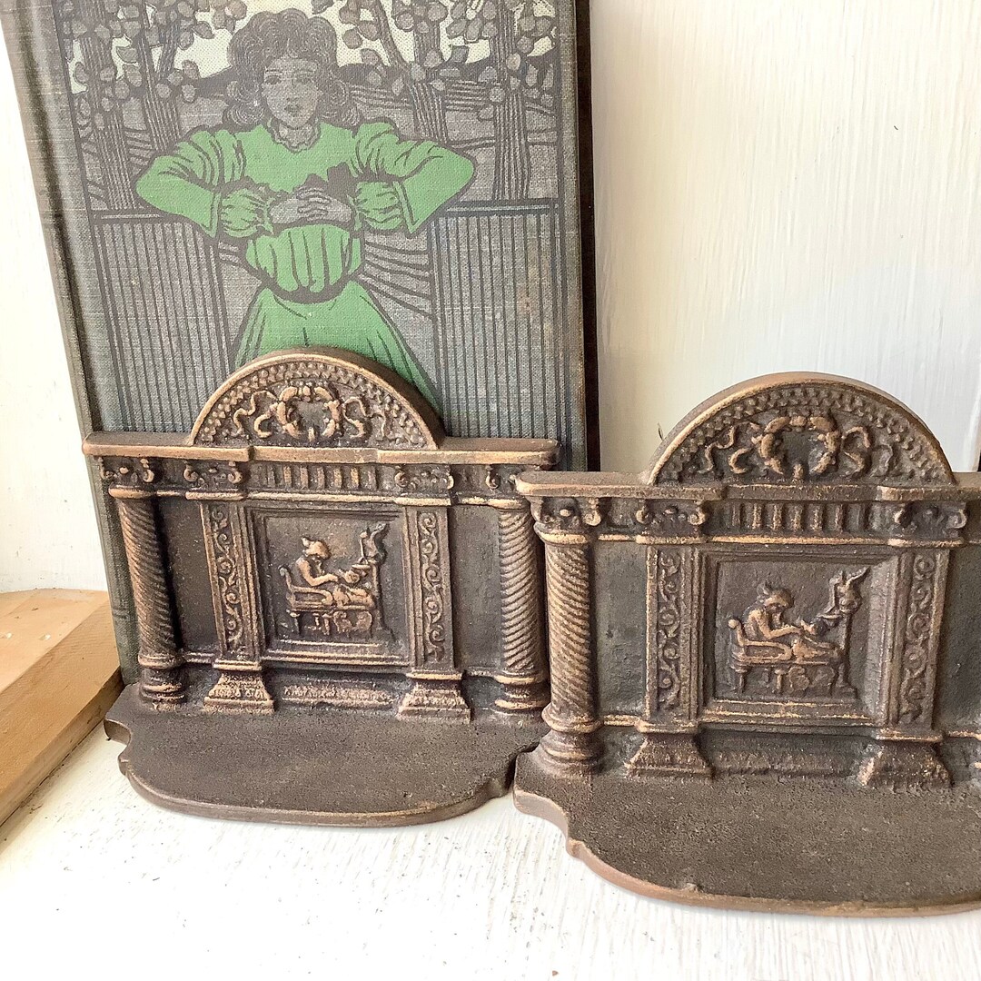 Set of 2 Antique 1920s Cast Iron Bookends, Figural Woman Sewing Weaving ...
