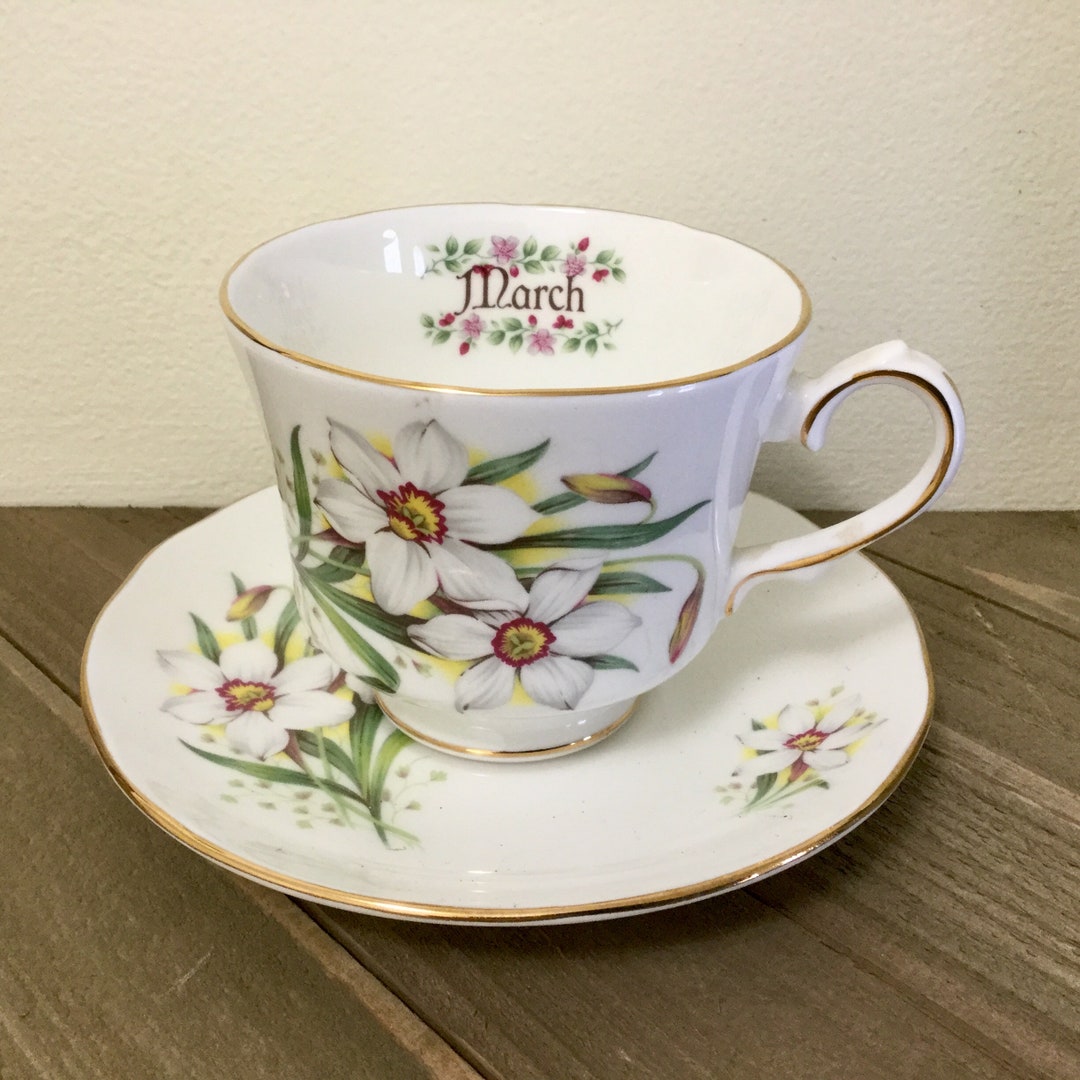 March Daffodil Teacup, Flower of Month Narcissus Poeticus, English Bone ...