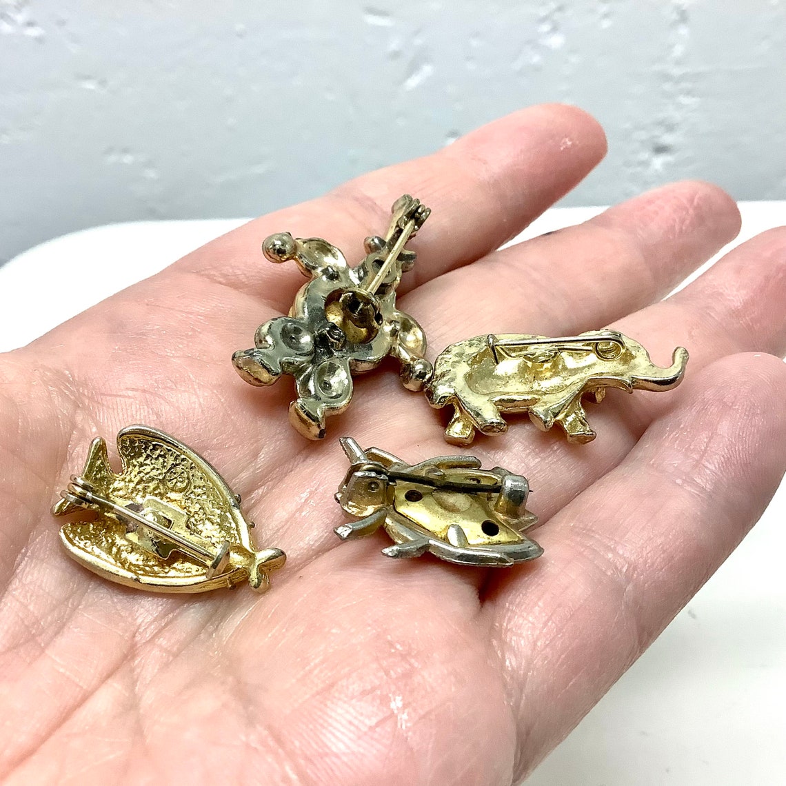 Lot of 4 Vintage Scatter Pins Rhinestone Elephant Scarab Fish - Etsy