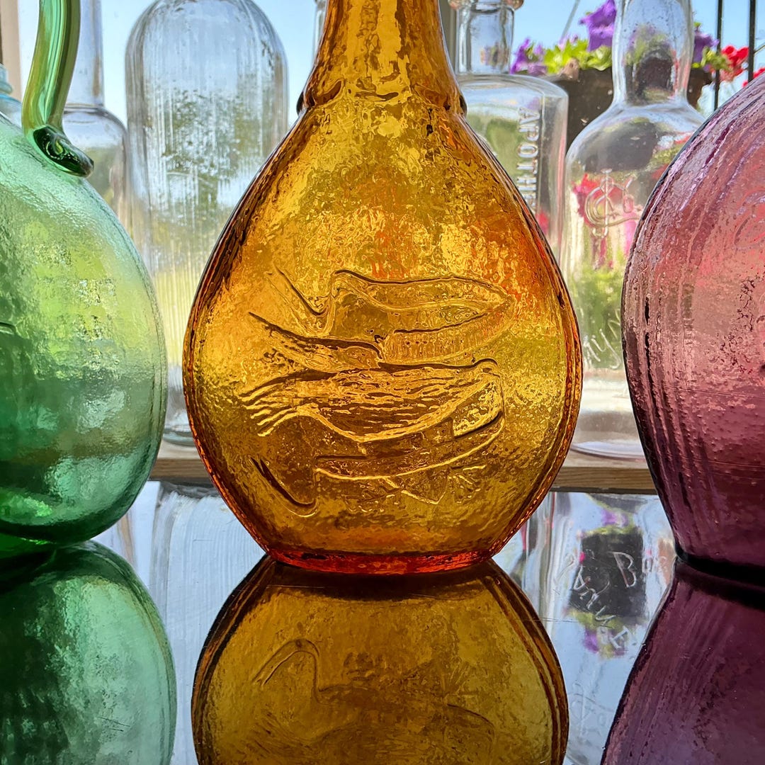 Vintage Wheaton Amber Glass Flask: Union Shield Dove, Cork Top Bottle ...