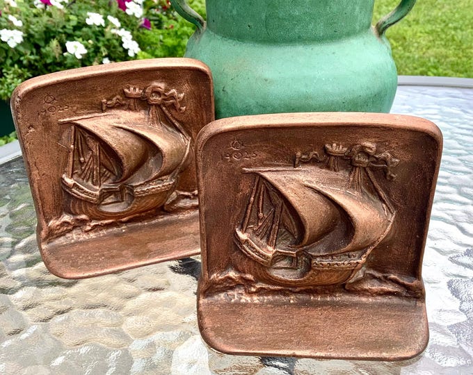 Cast Iron Sailing Ship Bookends: Antique Copper Finished Snead DAL 1925 ...