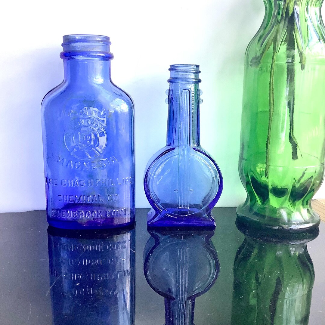 Lot of 2 Antique Blue Bottles: Banjo and Milk of Magnesia AS-IS Eye ...
