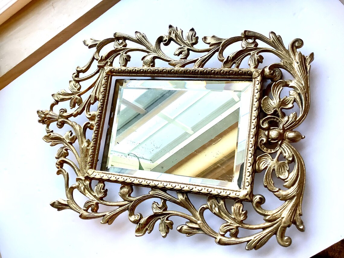 Antique Cast Iron Beveled Mirror: Victorian Rococo Tabletop Gold Finish ...