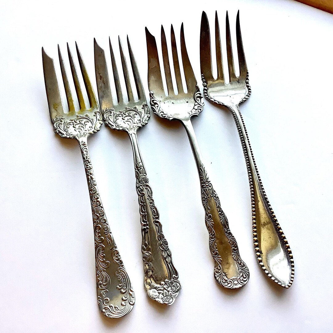 4 Mismatched Serving Forks: Shabby Victorian Silverplate, Ornate ...