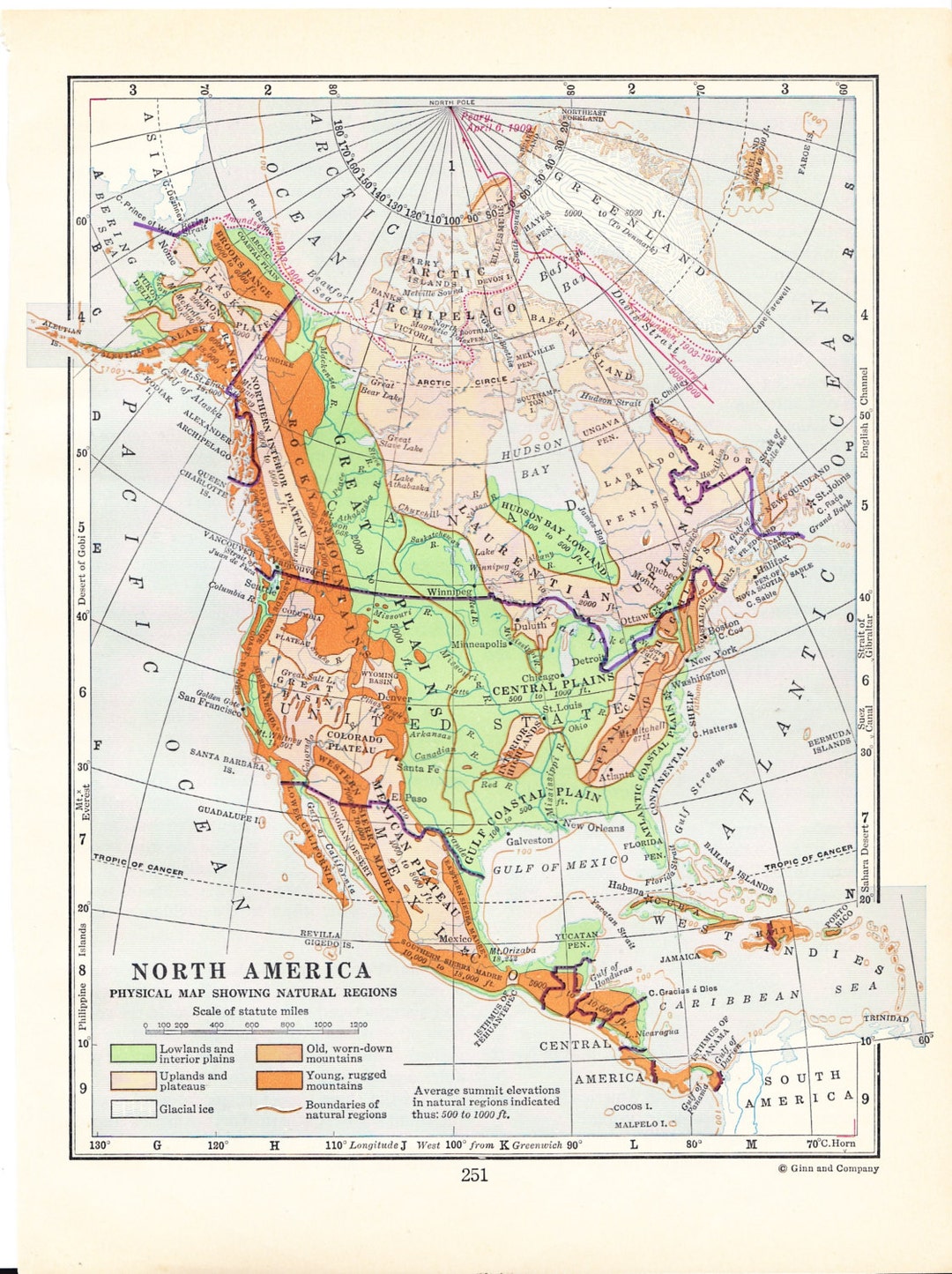Colorful Little Antique Map: Original North America Natural Regions ...