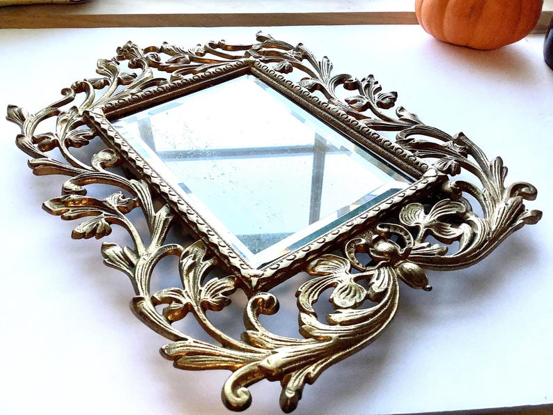 Antique Cast Iron Beveled Mirror: Victorian Rococo Tabletop Gold Finish ...