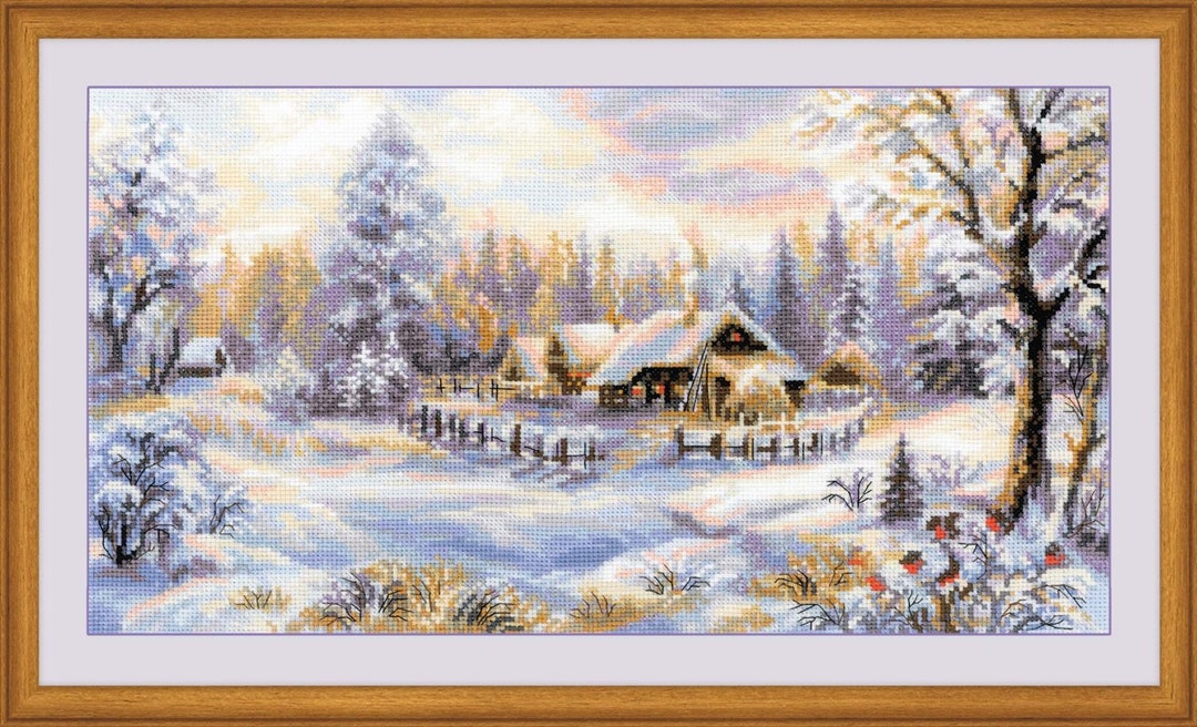 Winter Evening Village Snow Scene 14 Count Cross Stitch Kit by Riolis ...