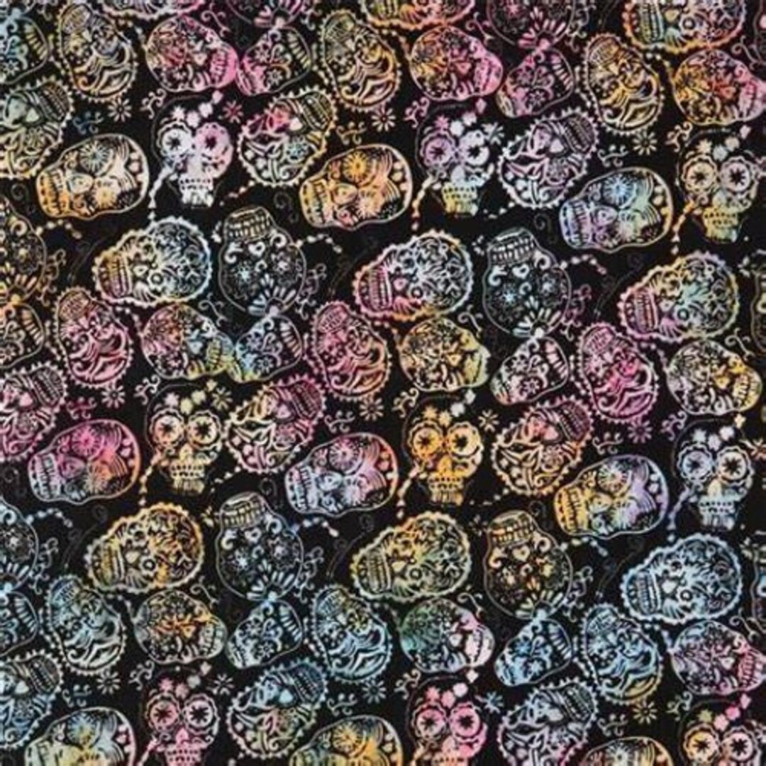 Fat Quarter Rainbow Batik Sugar Skulls on Black 100% Cotton Quilting ...