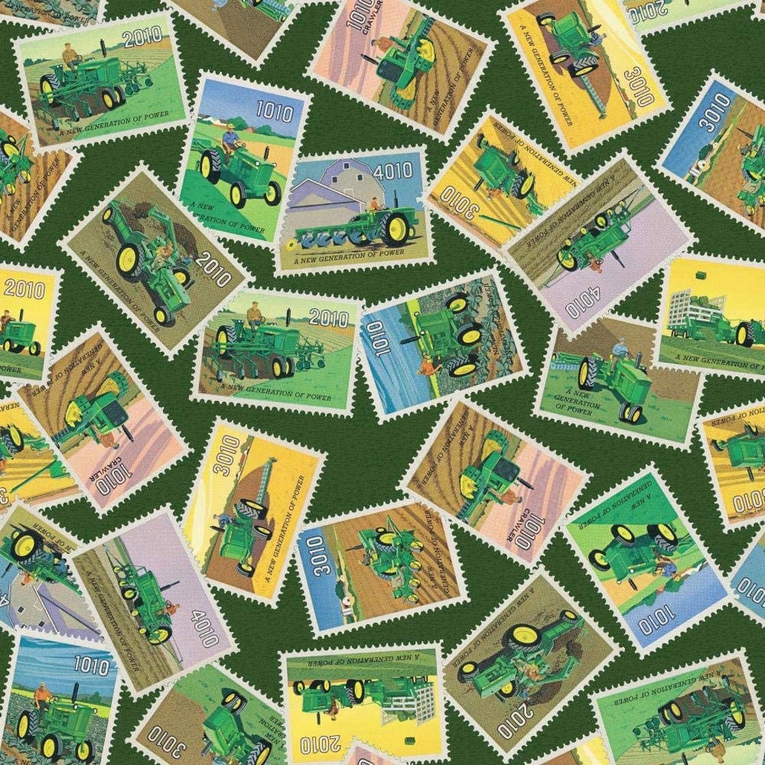 Fat Quarter John Deere Tractor Stamps Toss 100% Cotton Quilting Fabric ...