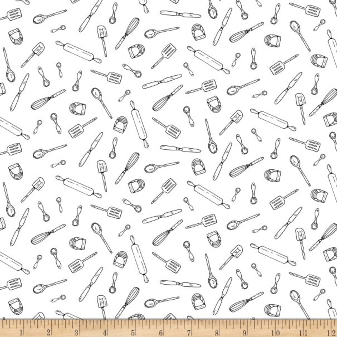 Fat Quarter Chefs Special Kitchen Cooking Utensils on White 100% Cotton ...