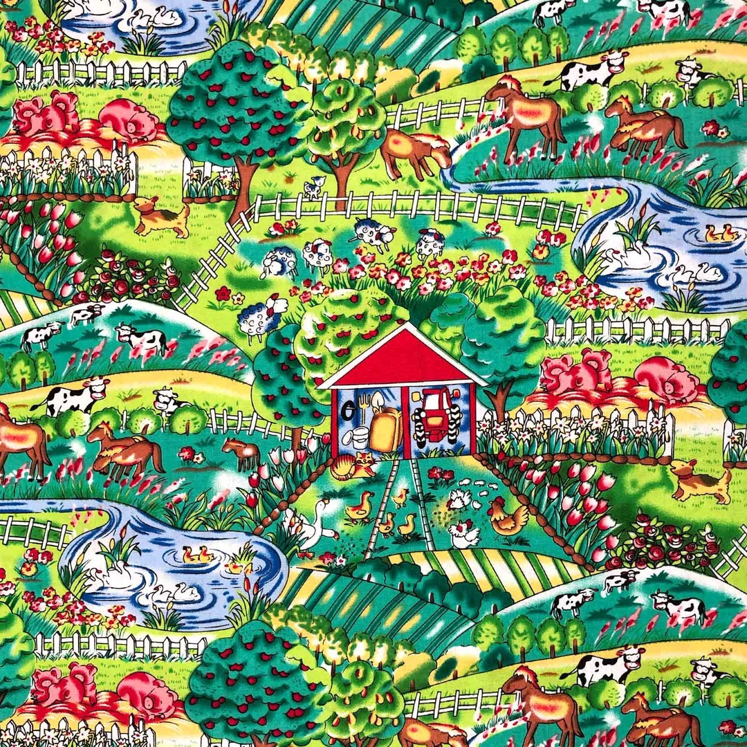 Fat Quarter Farmyard Cartoon Animals and Barn 100% Cotton Quilting ...