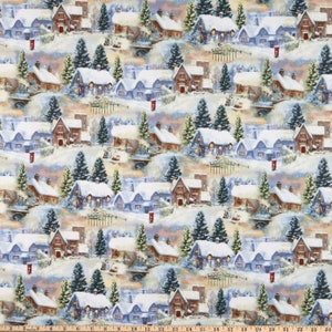 Fat Quarter Winter Cottage Snow Covered Village Scene Cotton Quilting ...