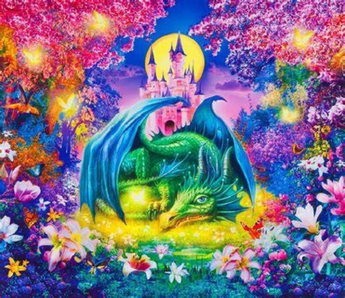 Picture This Fairytale Dragon Fantasy Scene Panel 100% Cotton Print ...