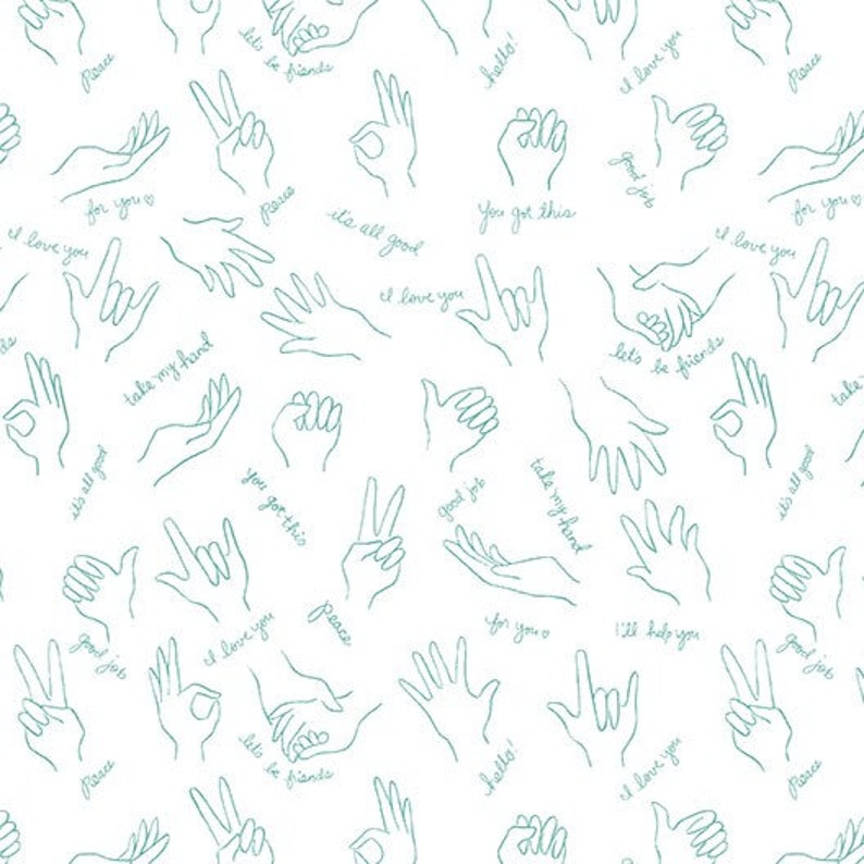 Fat Quarter Helping Hands Sign Language Green on White 100% Cotton ...