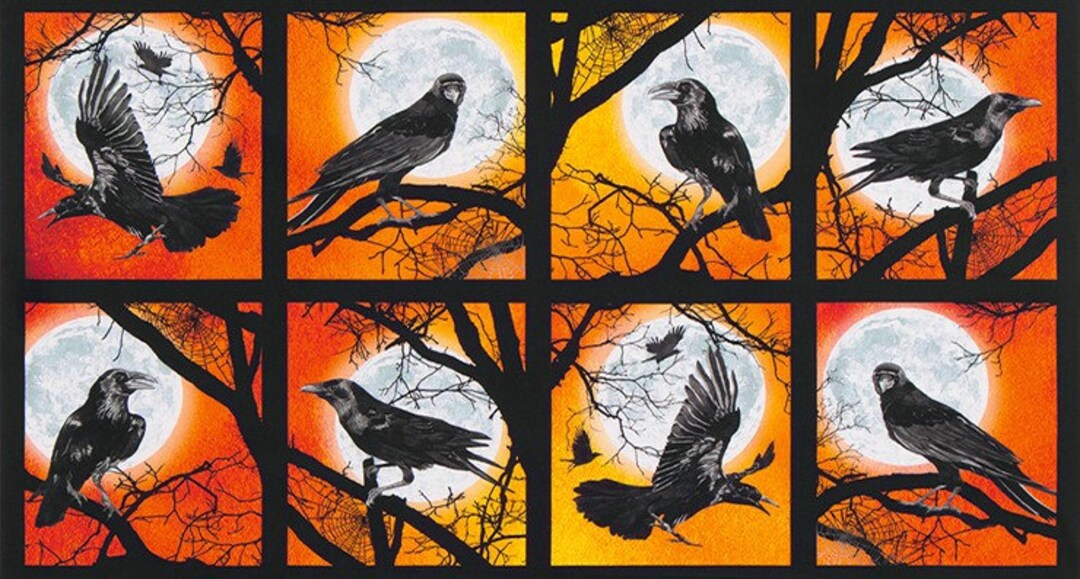 Halloween Raven Moon Raven Square Panels Orange 100% Cotton Print ...