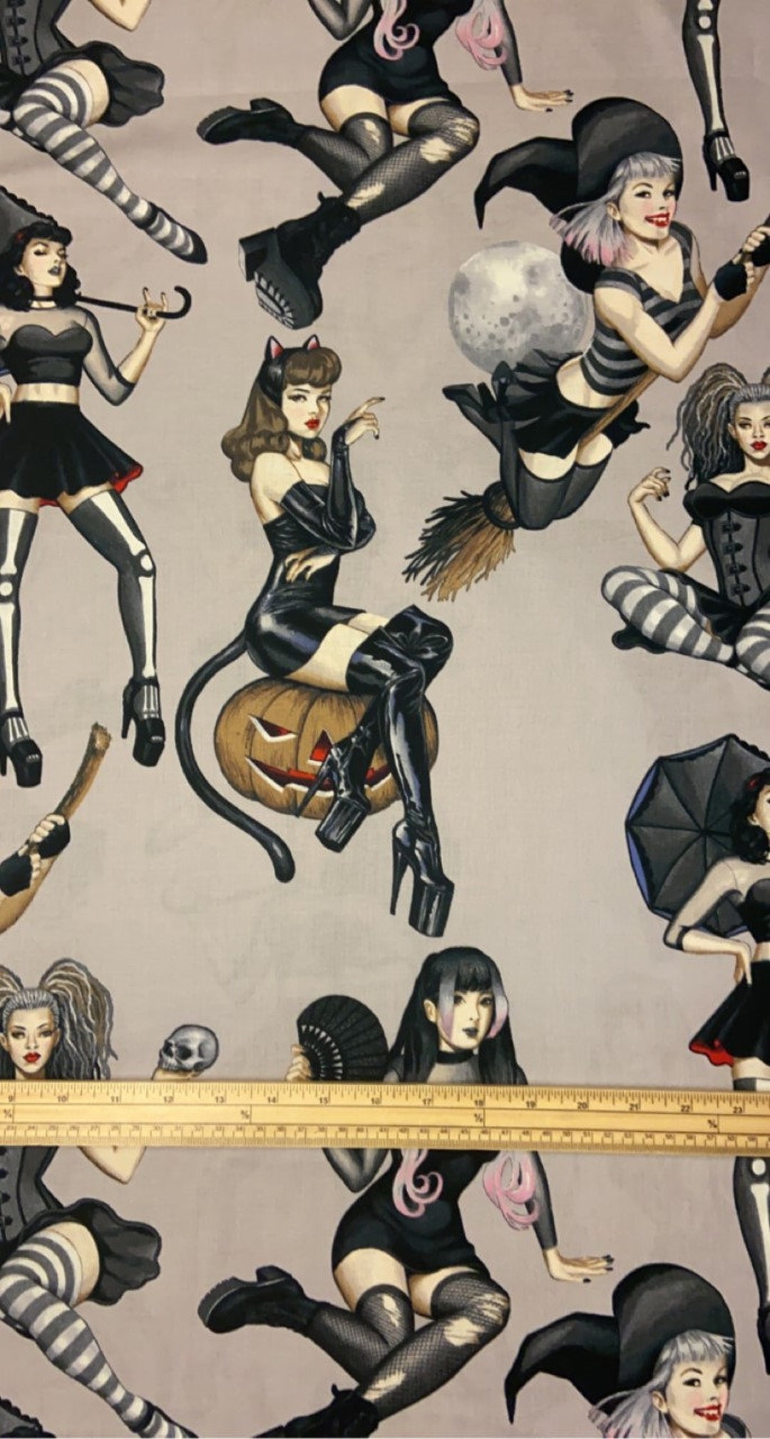 Fat Quarter Gorgeously Goth Spooky Girls on Grey 100% Cotton Quilting ...