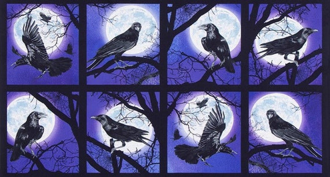 Halloween Raven Moon Raven Square Panels Purple 100% Cotton Print ...