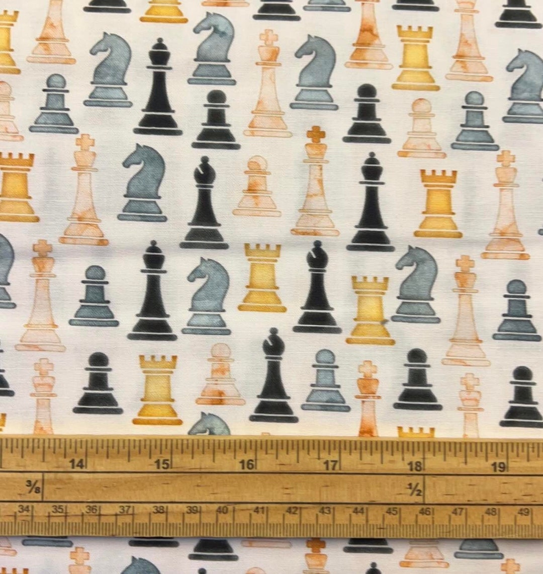 Fat Quarter Checkmate Chess Pieces on White 100% Cotton Quilting Fabric ...