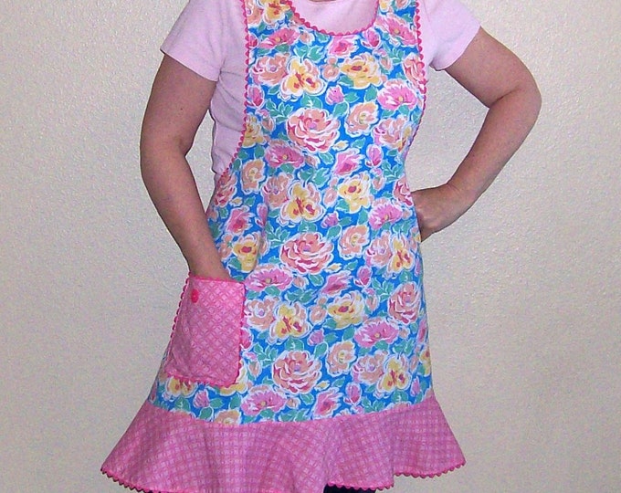 Pink and Blue Floral Retro Apron With Flounce - Retro Kitchen Apron ...