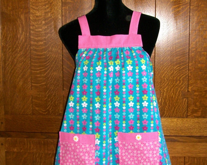 Smock Apron - Child 10-12 - Pink and Aqua Flowers - Pinafore Apron - No ...