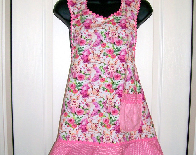 Retro Girls Apron - Pink Piggy Full Child Apron With Flounce - Size 10 ...