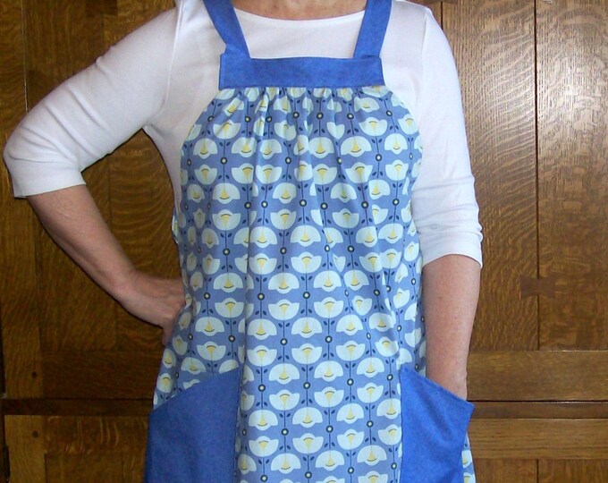 Blue Kitchen Smock Apron With Pockets - Tulip No Tie Smock - Fits S-M-L ...