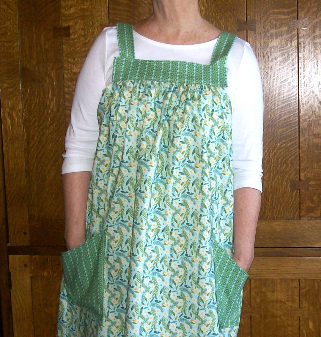 No Tie Smock Apron - Aqua and Green Calico Kitchen Smock With Pockets ...