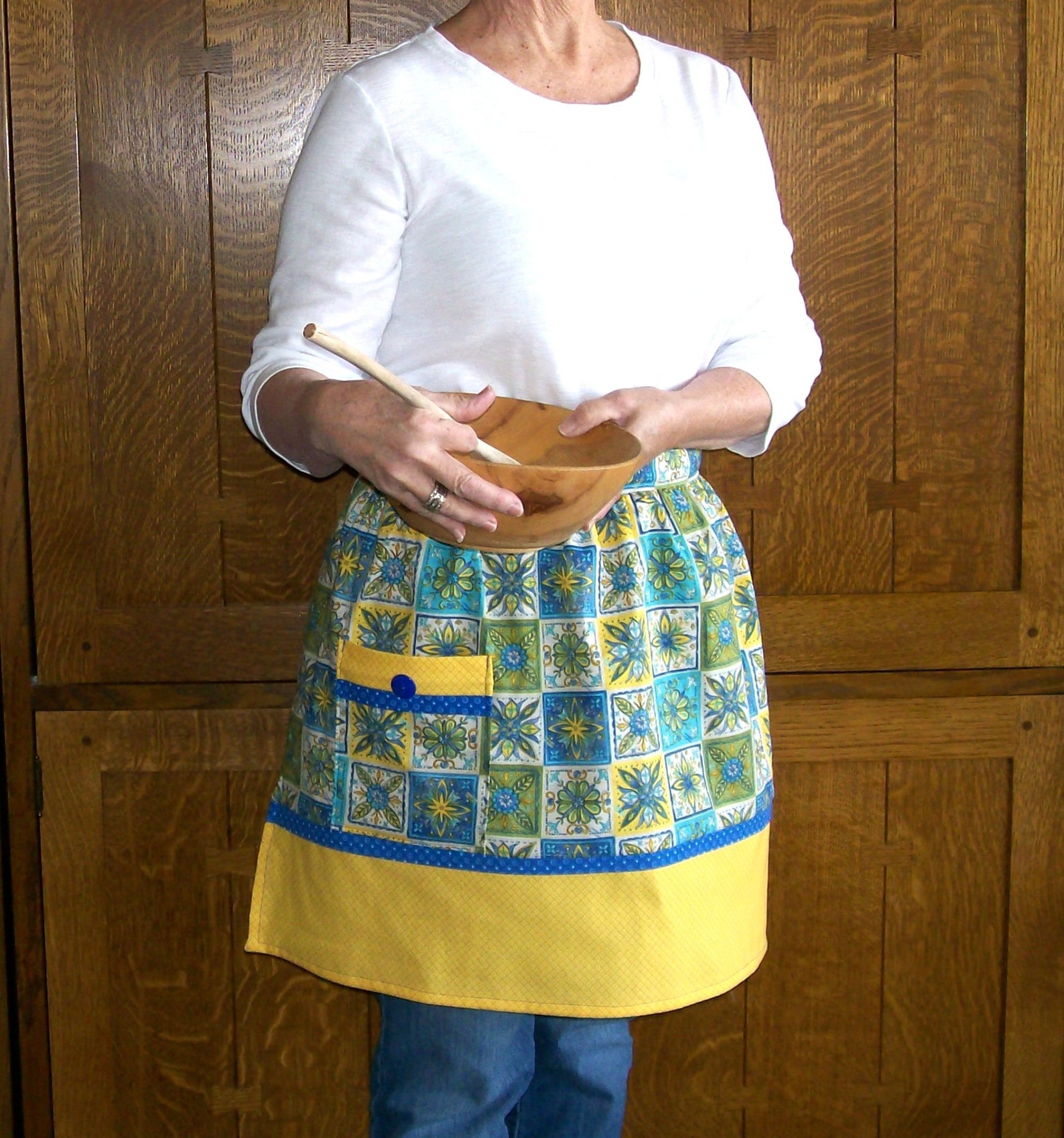 Retro Half Apron Blue and Yellow Calico Gathered Half Apron - Etsy