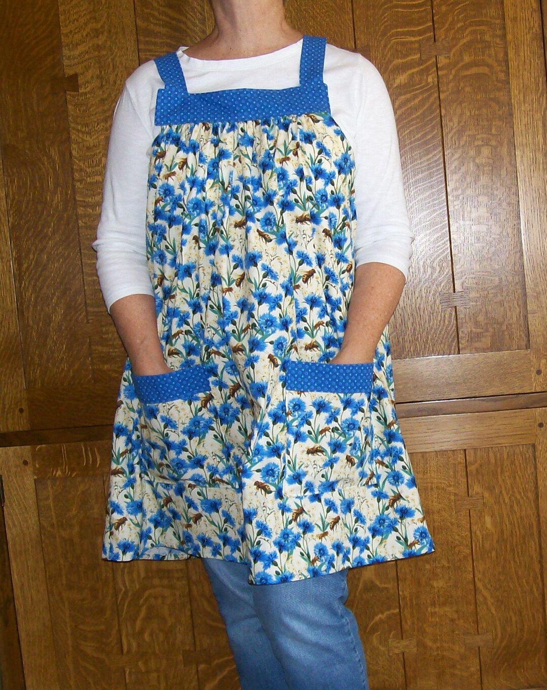 No Tie Smock Apron - Blue Kitchen Smock With Bachelor Button Flowers ...