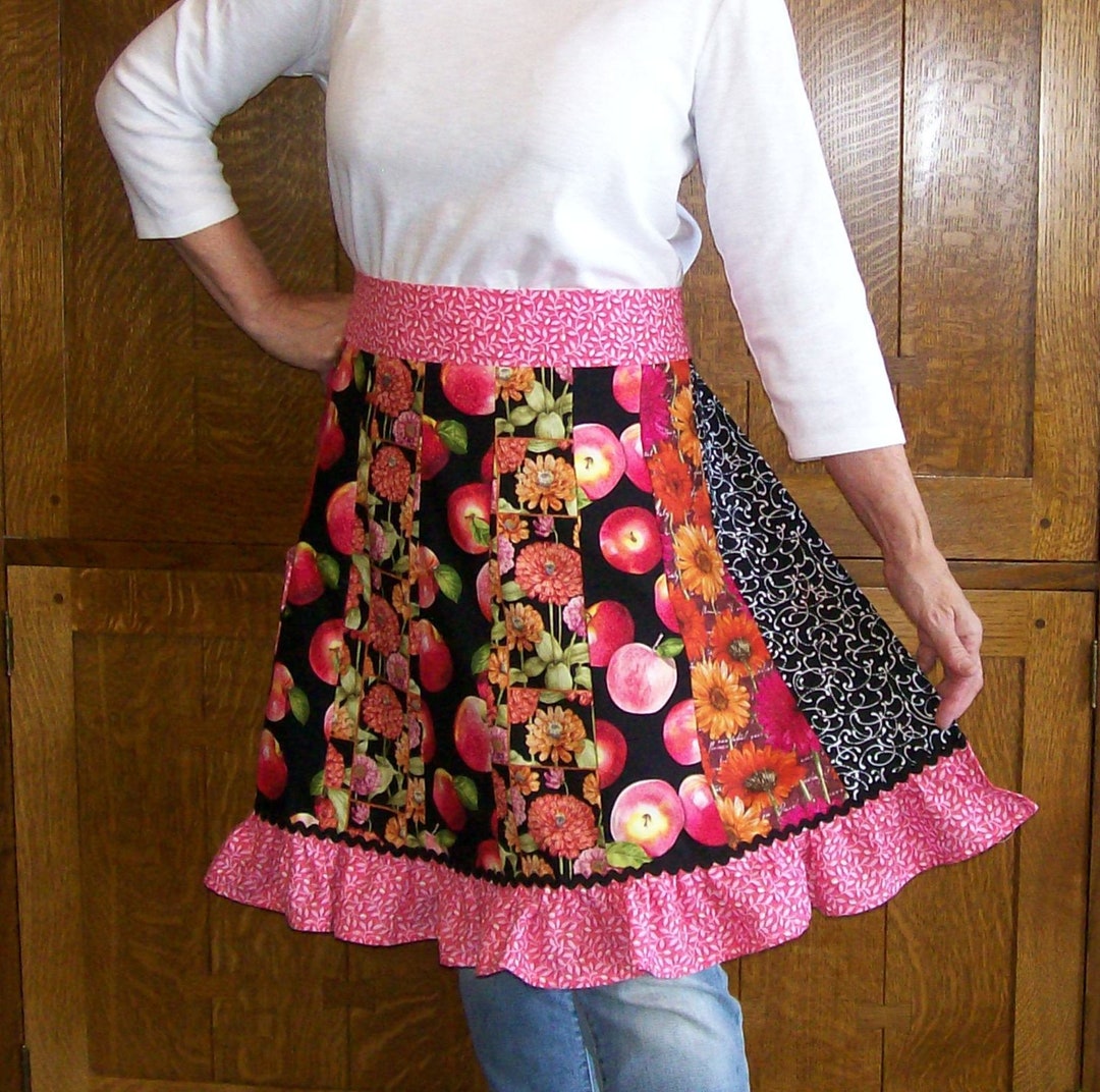 Patchwork Half Apron Flowers and Apples Ruffled Retro Patchwork Apron ...