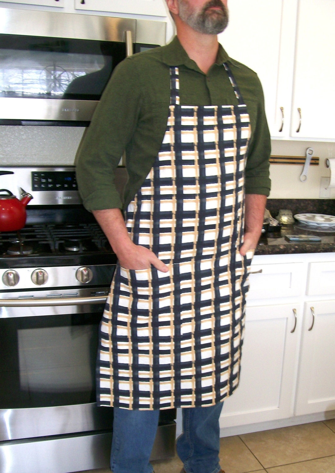 Black and Tan Man Apron Plaid BBQ Apron Grilling Apron Tall Man Apron ...