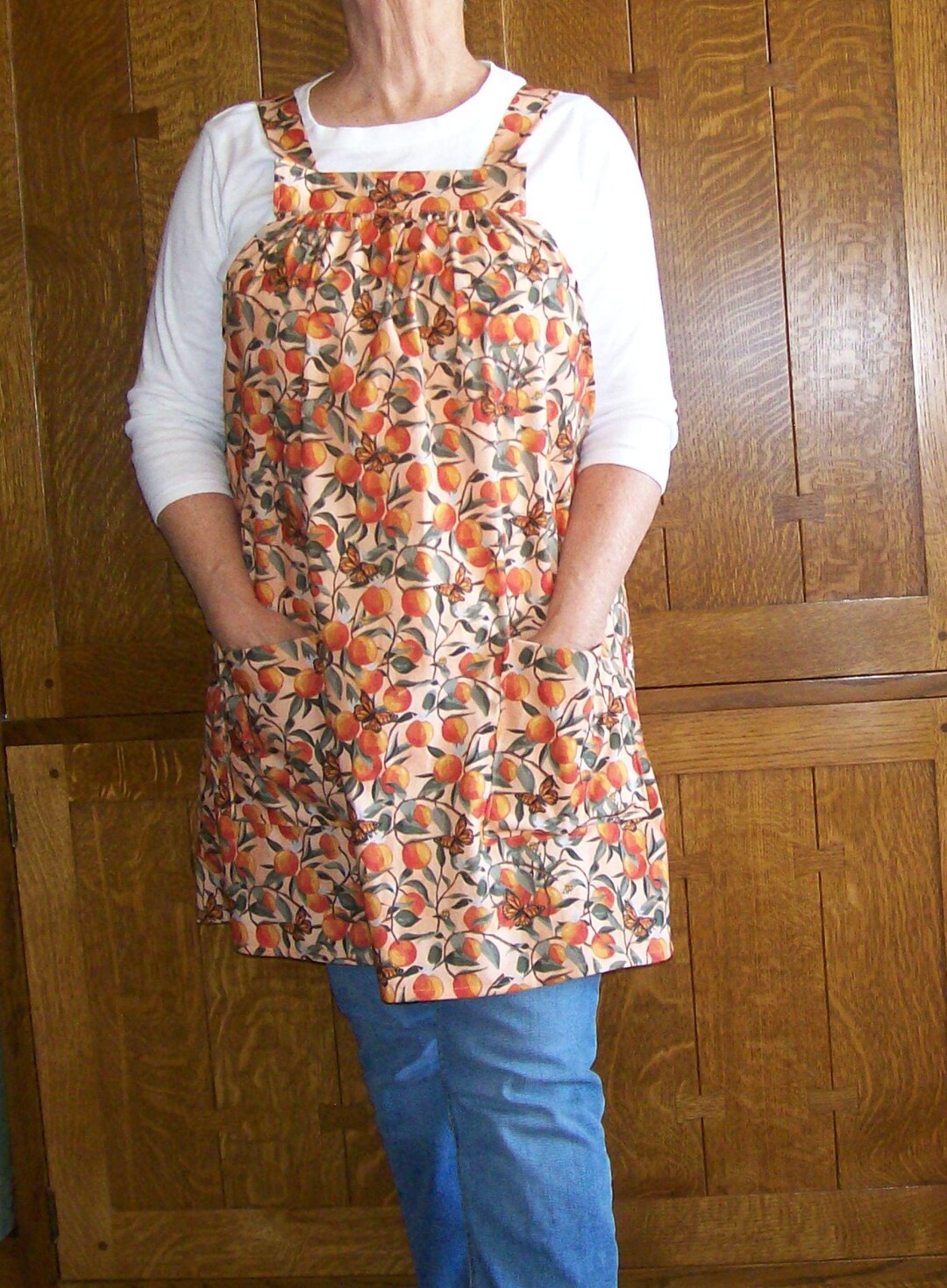 No Tie Smock Apron. Peaches and Butterflies Kitchen Smock With Pockets ...