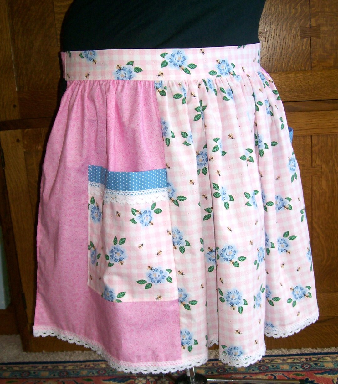 Plus Size Waist Apron Pink and Blue Flowers and Checks Half Apron With ...