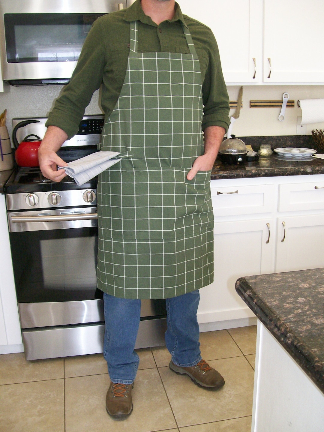 Green Check Man Apron Butcher Style BBQ Apron Cooking Apron Unisex Fits ...