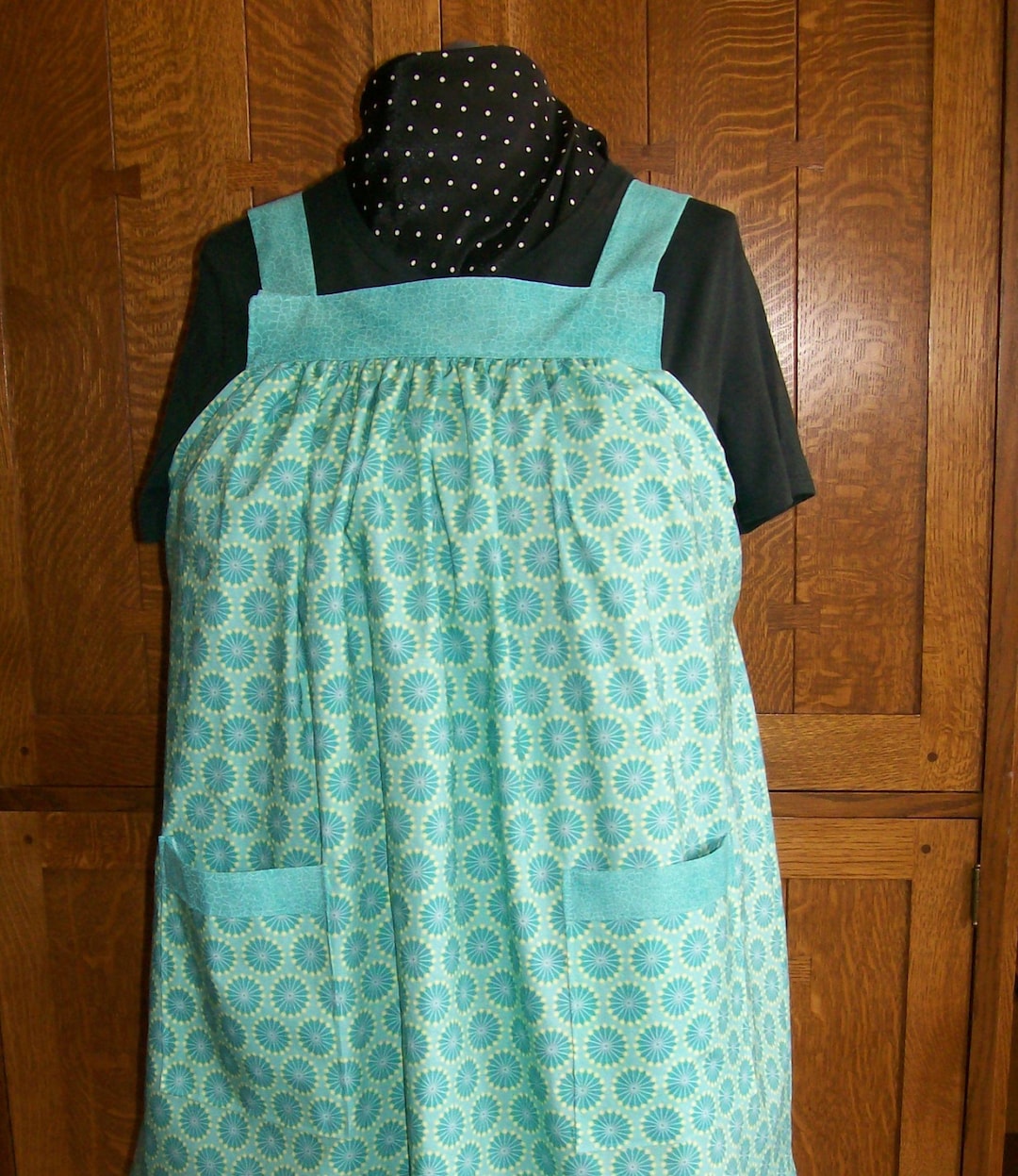 No Tie Smock Apron - Aqua Calico Kitchen Smock With Pockets - Plus Size ...