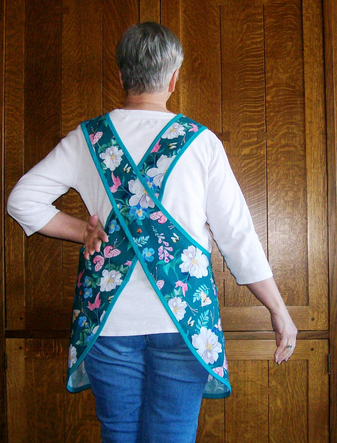 Floral Crossback Apron: Teal Cotton Cooking Apron With Pockets (size S ...
