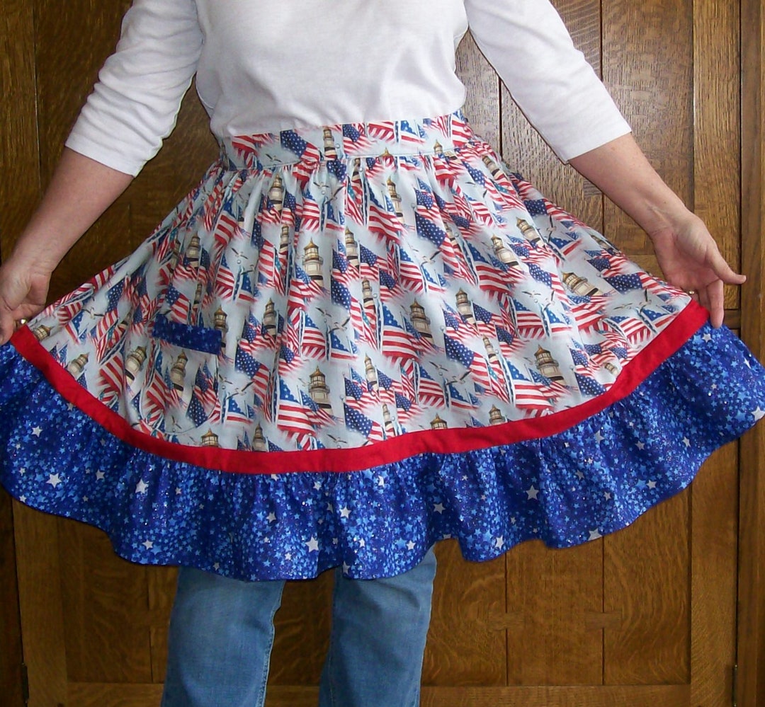 Patriotic Ruffled Half Apron - Lighthouses, Flags and Stars Waist Apron ...