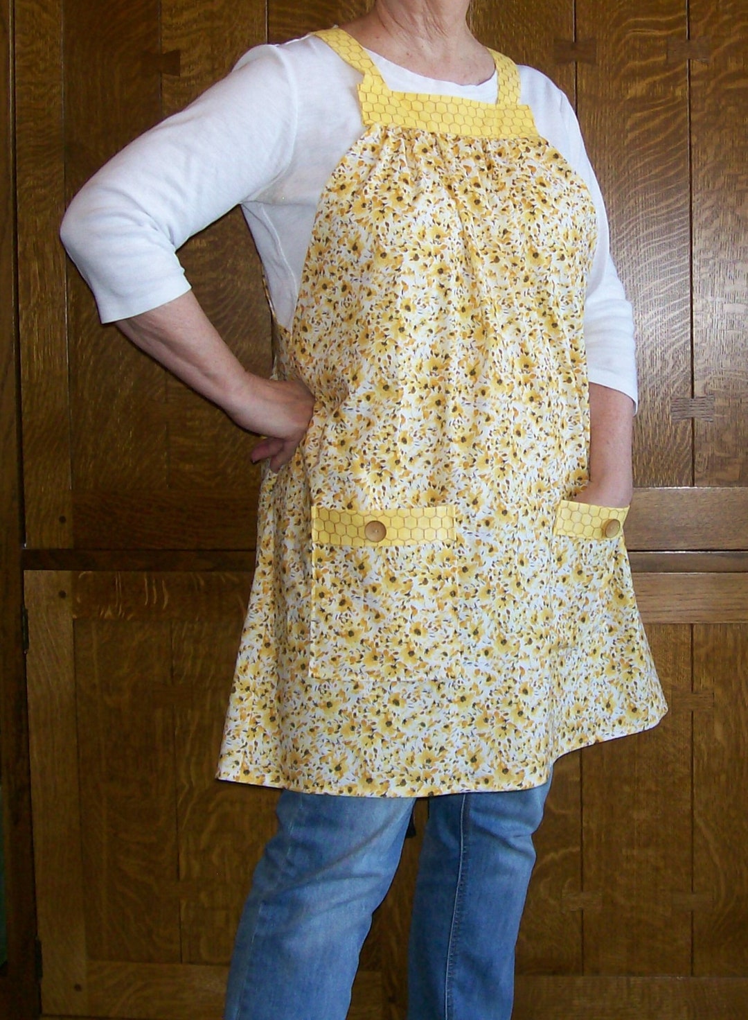 Yellow Floral Calico Smock - No Tie Smock Apron - One Size Fits S-M-L ...