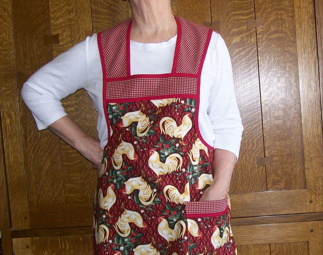 Retro Rooster Apron: Brick Red Chicken Print Kitchen Apron, Size L - Etsy