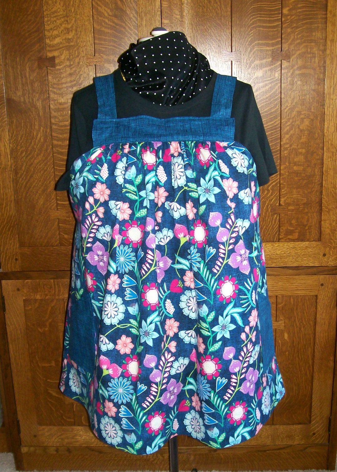 Blue Floral Smock Apron No Tie Smock Dark Blue Kitchen Smock Plus Size ...