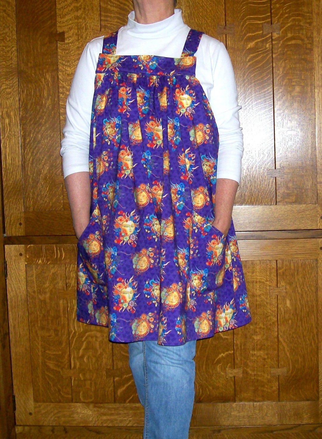 Seasons of the Sun Art Smock - No Tie Kitchen Smock With Sun Faces ...