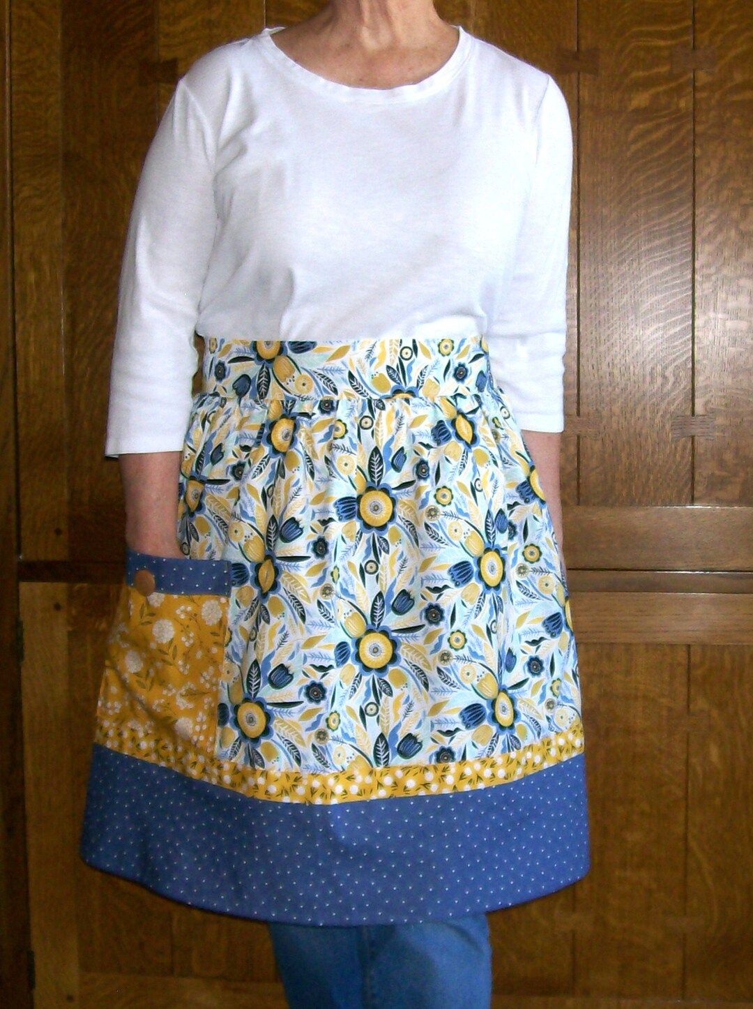 Half Apron Blue and Gold Floral Waist Apron With Pocket One Size - Etsy