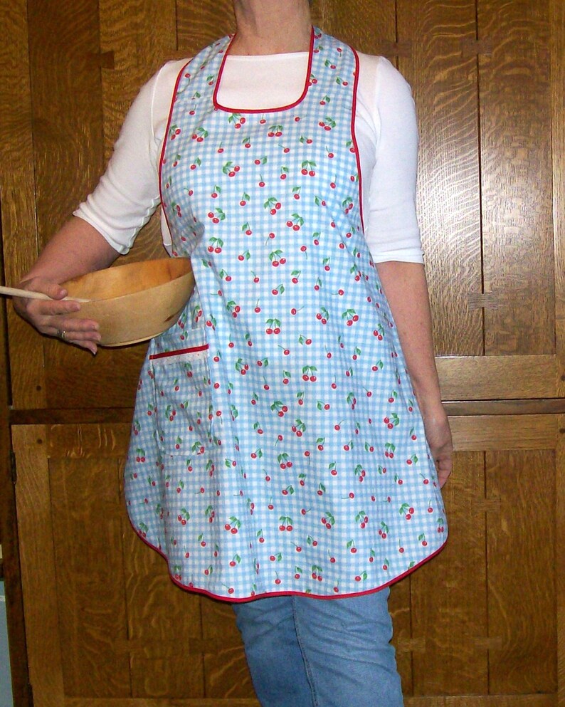 Retro Kitchen Apron: Blue Gingham Cherries, Lace Pocket, Petite/teen - Etsy