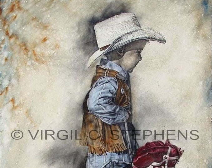 Cowboy Art, Just Like Gene and Roy, Print of a Little Boy Riding His ...